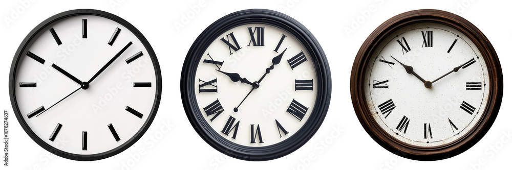 Three distinct wall clocks showcasing varying styles, with traditional ...