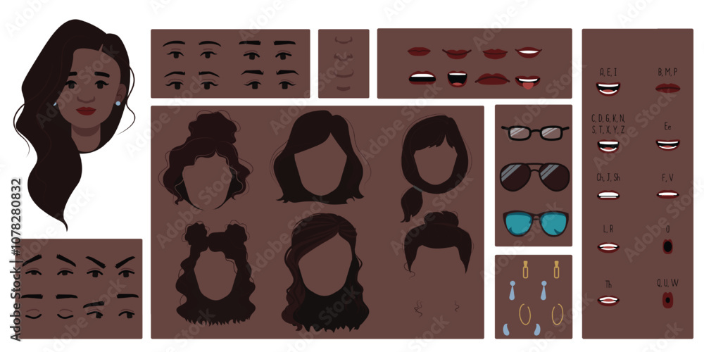 Brown skin colored female face constructor, avatar of woman character ...