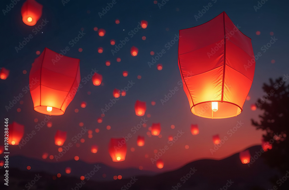 Sky lanterns floating in the night sky. Flying traditional orange paper ...