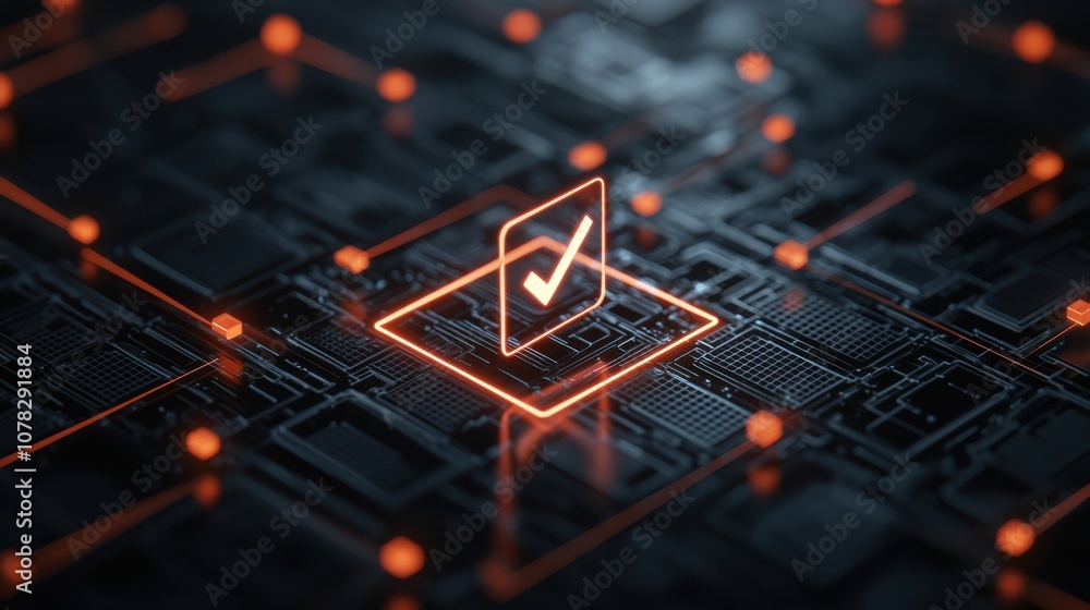 Minimalist image of a checkmark icon surrounded by interconnected ...