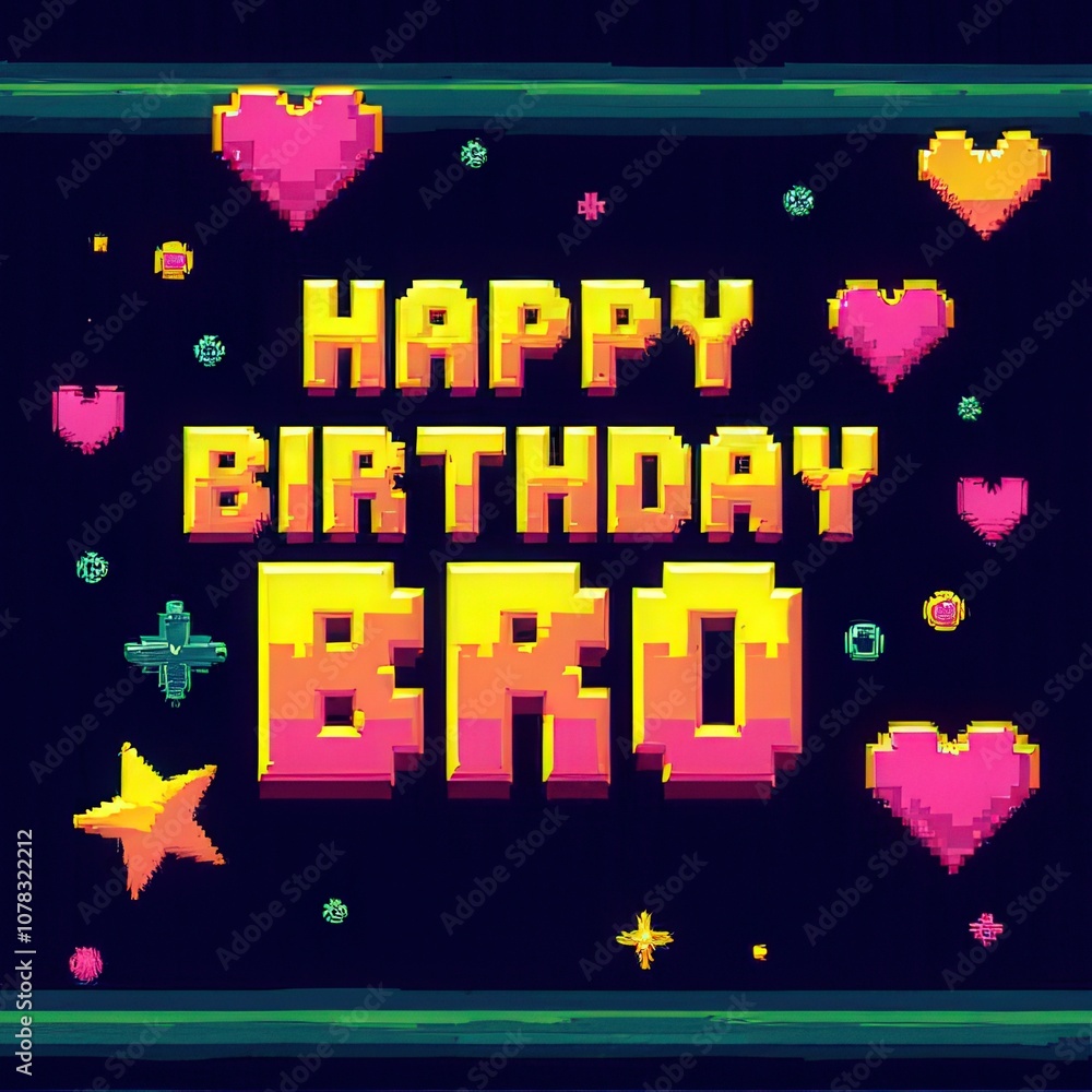 A happy birthday bro meme funny card with pixelated text and neon ...