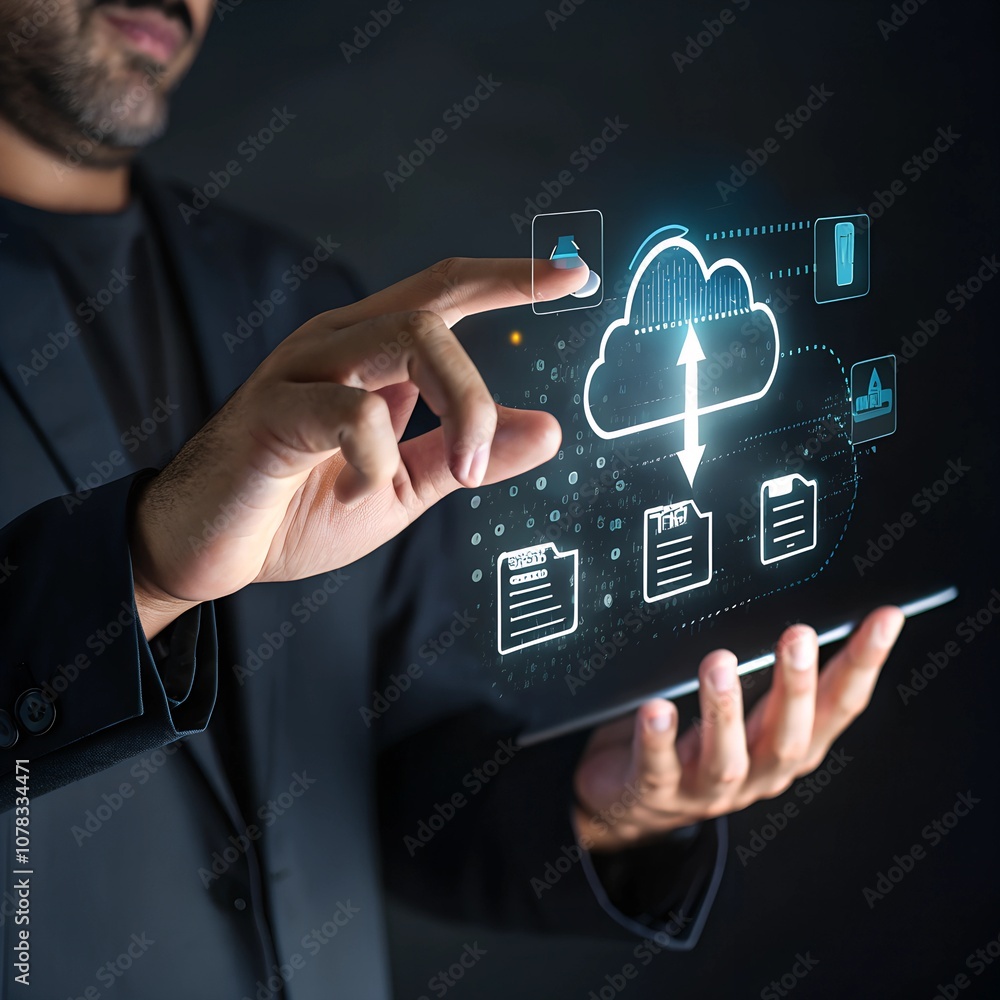 Man hands and finger touch cloud service for information storage hologram hud, files share or ...