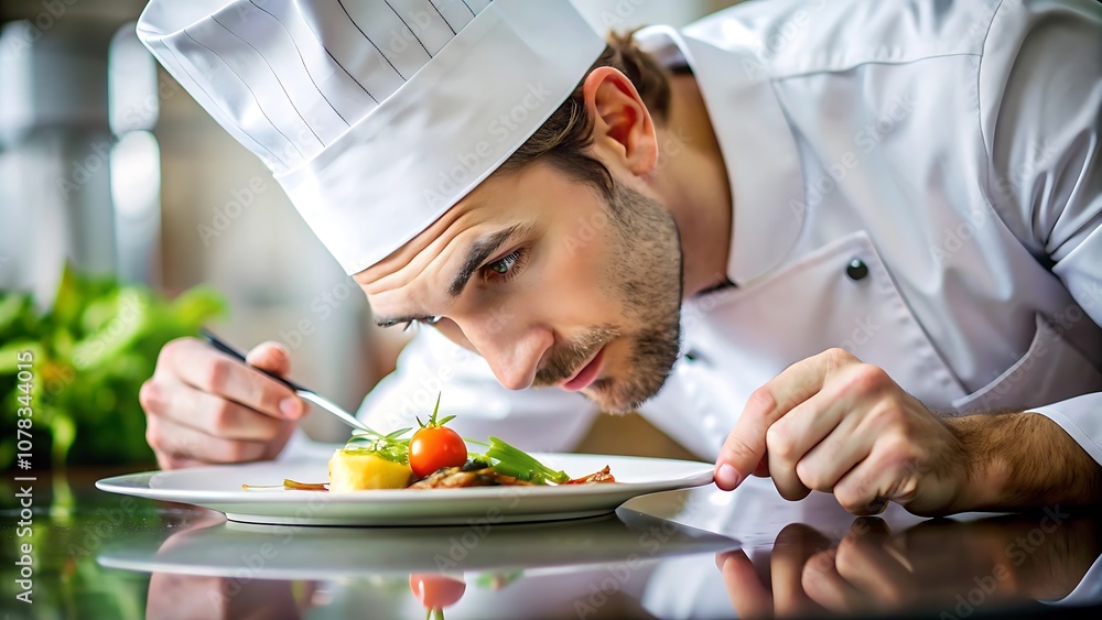 Chef preparando hábilmente un plato en una cocina tradicional, centrándose en la pasión y la ...