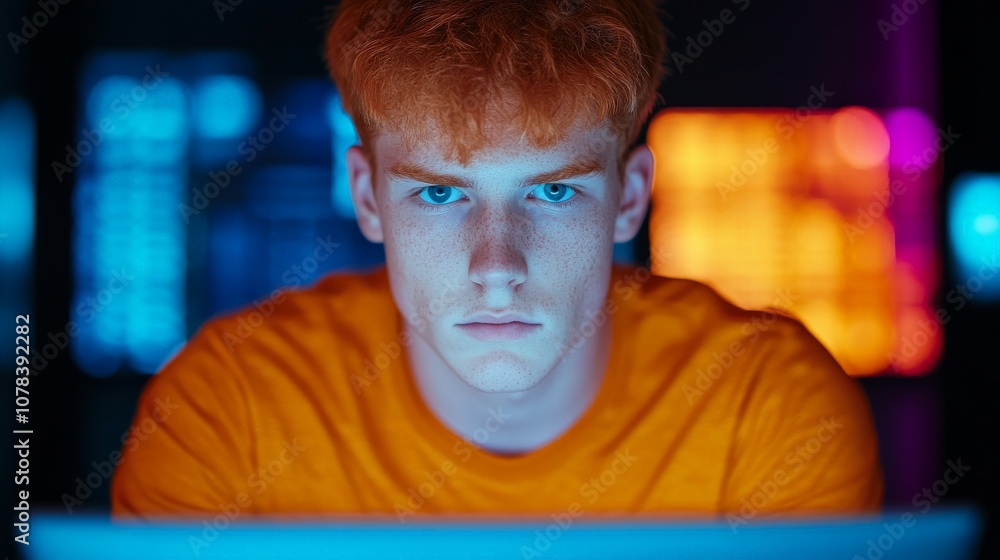 Focused Gamer: A young man with intense blue eyes stares intently at ...