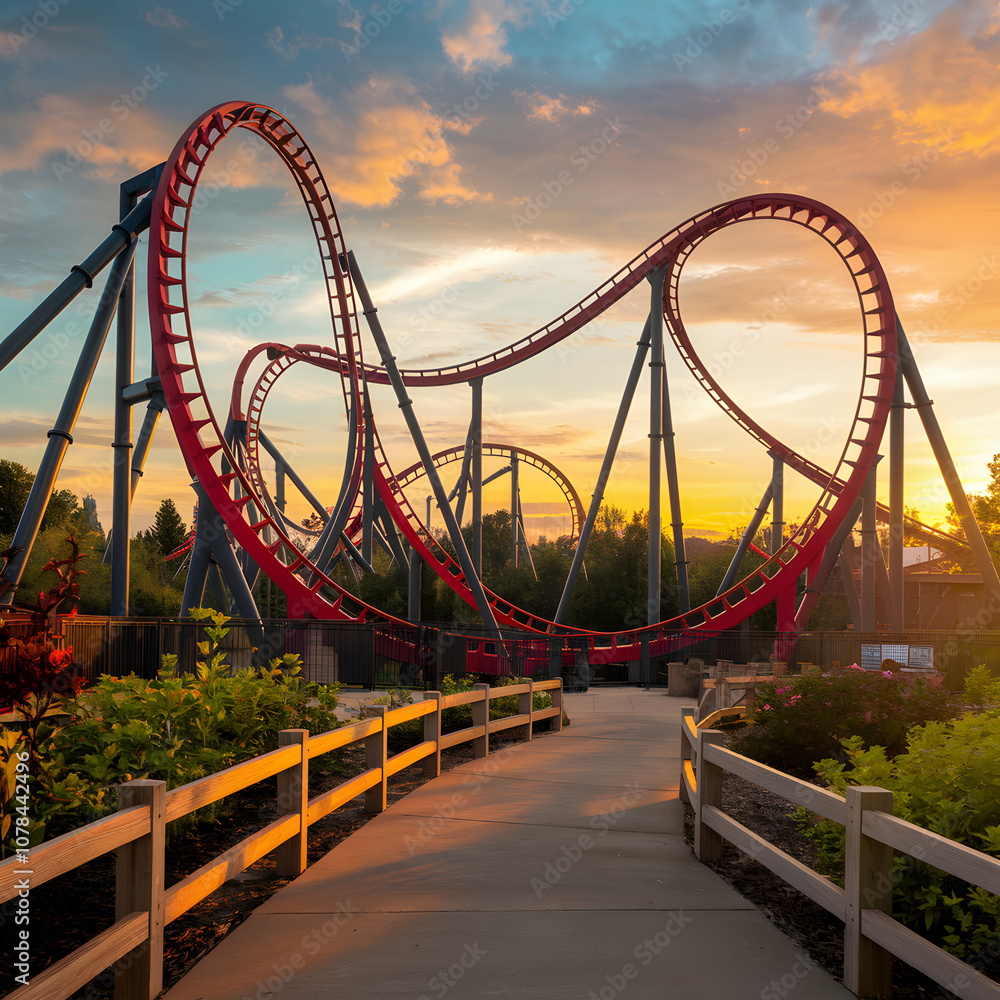 Exhilarating roller coaster twisting in red against a stunning sunset backdrop For Social Media ...
