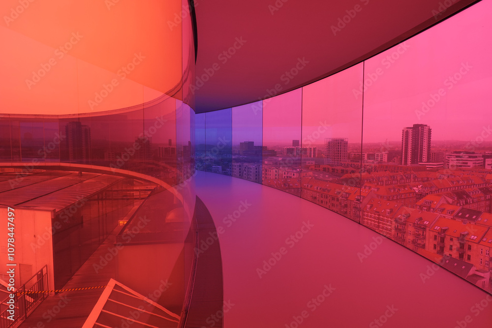 Aarhus, Denmark 11 06 2024 Rainbow rooftop walkway above the Aros art ...