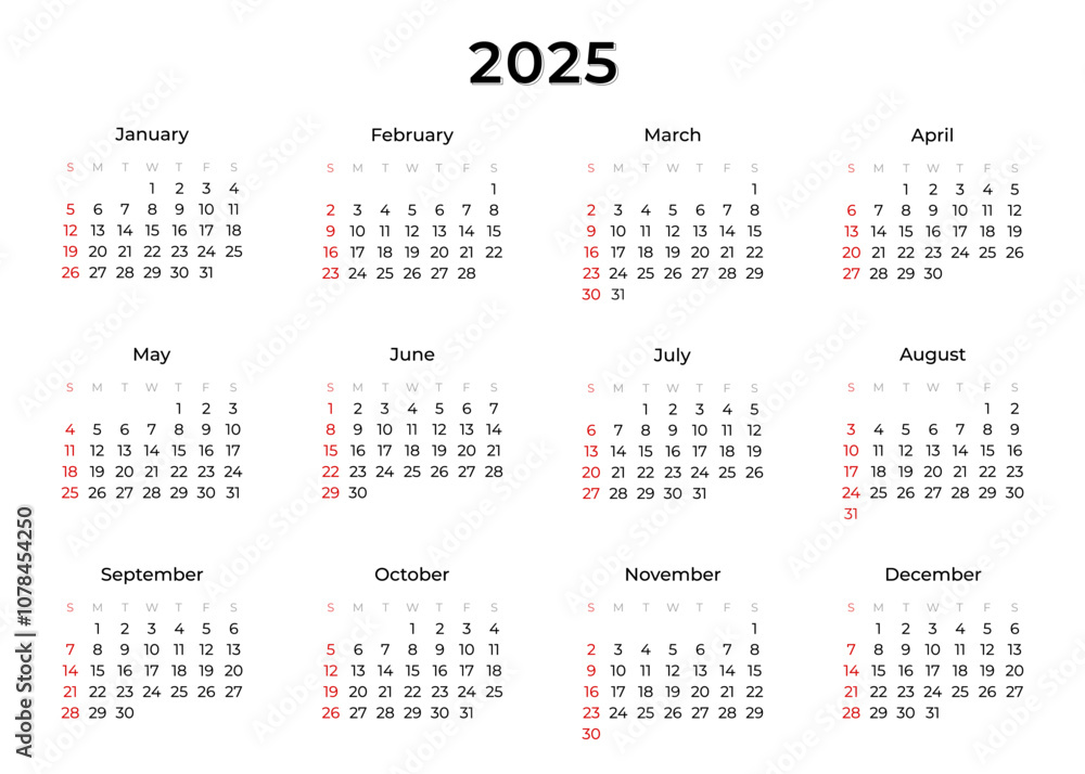 Horizontal annual calendar template for 2025 year on transparent ...