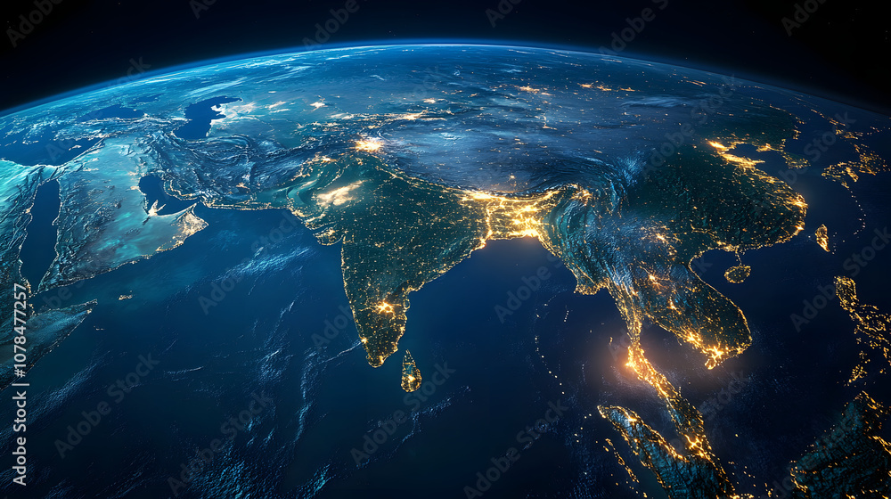 Satellite view of Earth globe from space, city lights by night, Asia ...