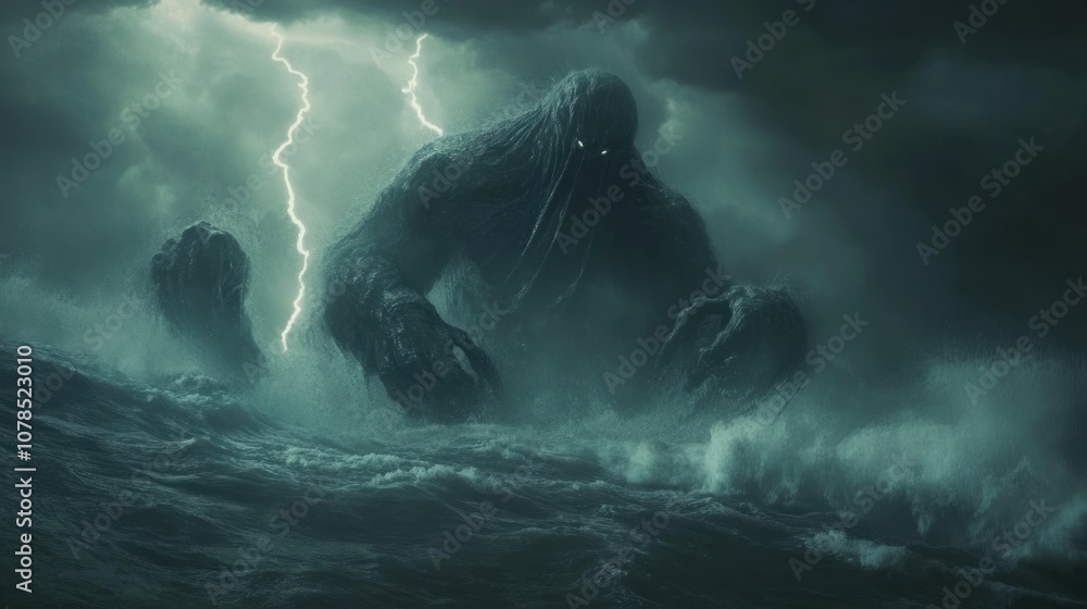 Scary Cthulhu monster that appears in the sea with storms and lightning ...