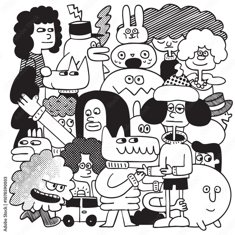 whimsical black and white illustration featuring variety of quirky ...