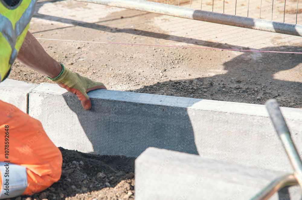 Construction worker installing concrete curb at a construction site ...