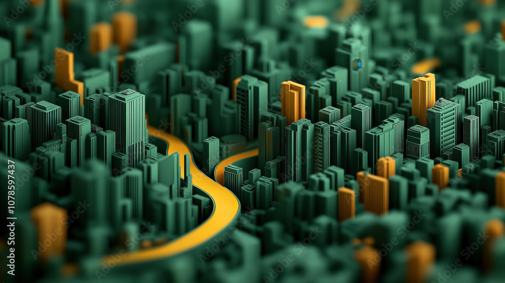 Abstract green and orange 3D cityscape model featuring skyscrapers and ...