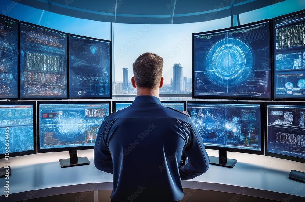 security guard watching multiple screen cctv monitor for protection ...