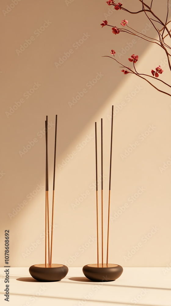 Elegant banner with incense holders on a soft beige solid background ...