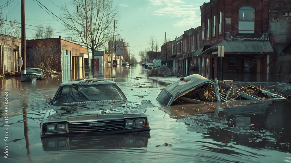 Floods. Flooding. Submerged cars on a city street. Streets, embankments ...