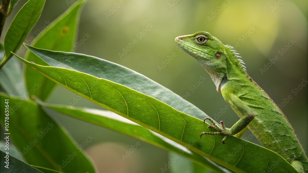 Vibrant Green Lizard Resting on Leaf with Clear Background for Nature ...