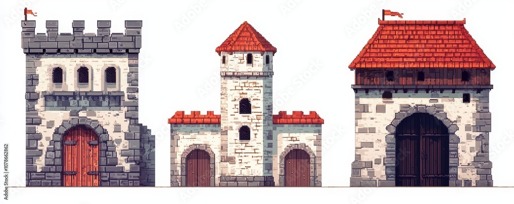 Medieval Castle Towers and Gate Pixel Art Game Asset Sprites Stock ...