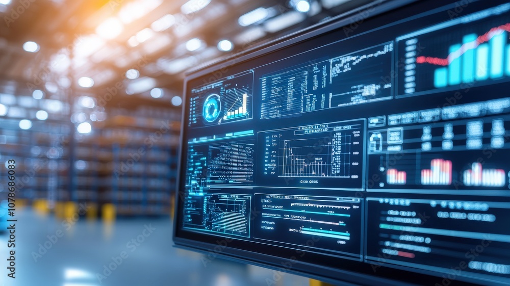 Inventory management order tracking concept. A screen displaying data analytics in a modern ...