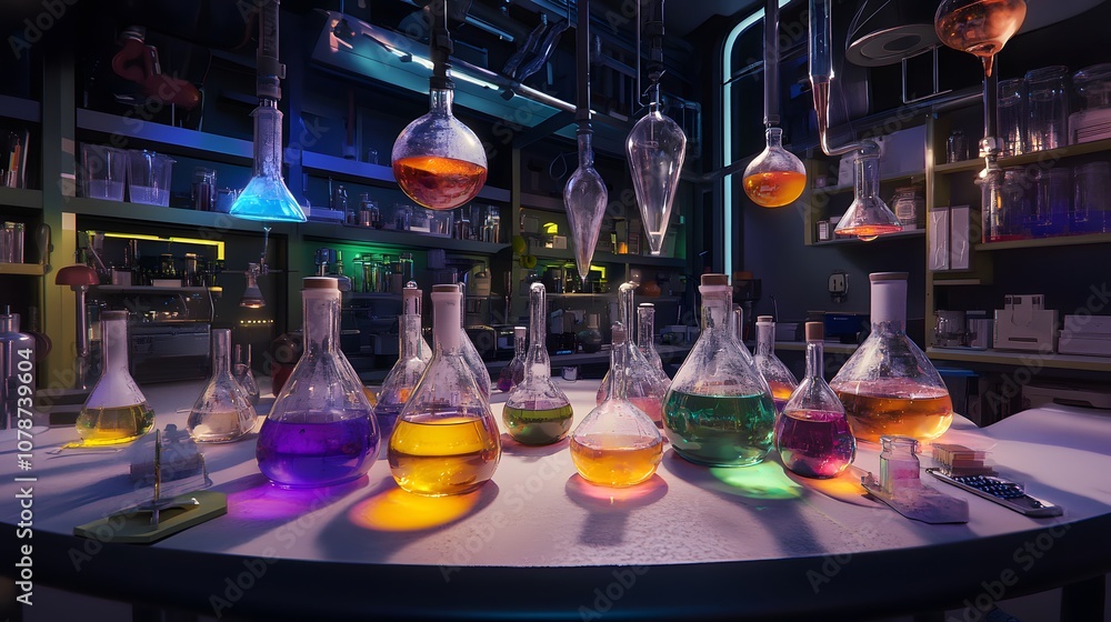 61. Wide-angle shot of a laboratory with a table full of reactive ...