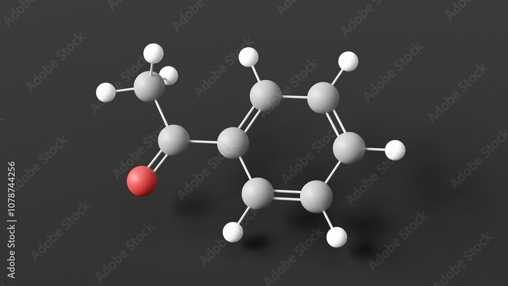 acetophenone molecule 3d, molecular structure, ball and stick model ...