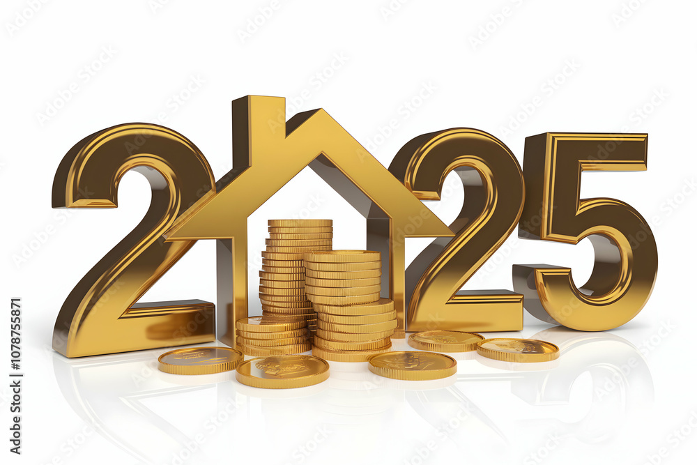3D 2025 in gold, house and coins symbolize future prosperity on white ...