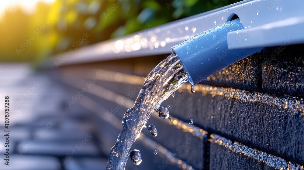 Water Flowing from a Downspout into a Stone Pathway During a Bright ...
