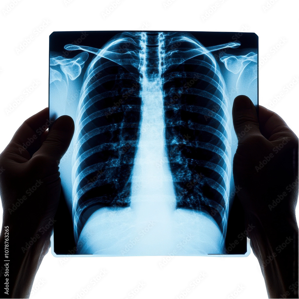 Chest X-ray analysis, hands holding scan, internal organs visible ...