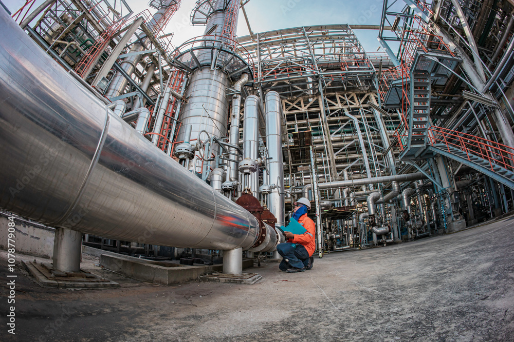 Male worker inspection at steel long pipes insulation and pipe elbow in ...