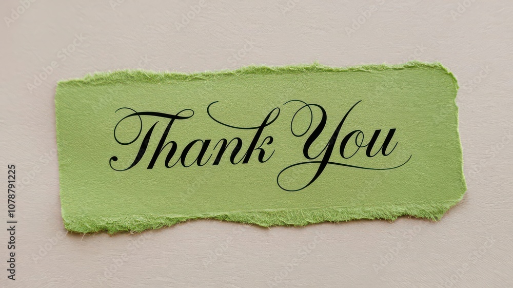 A green piece of paper displays the elegant phrase "Thank You" in ...