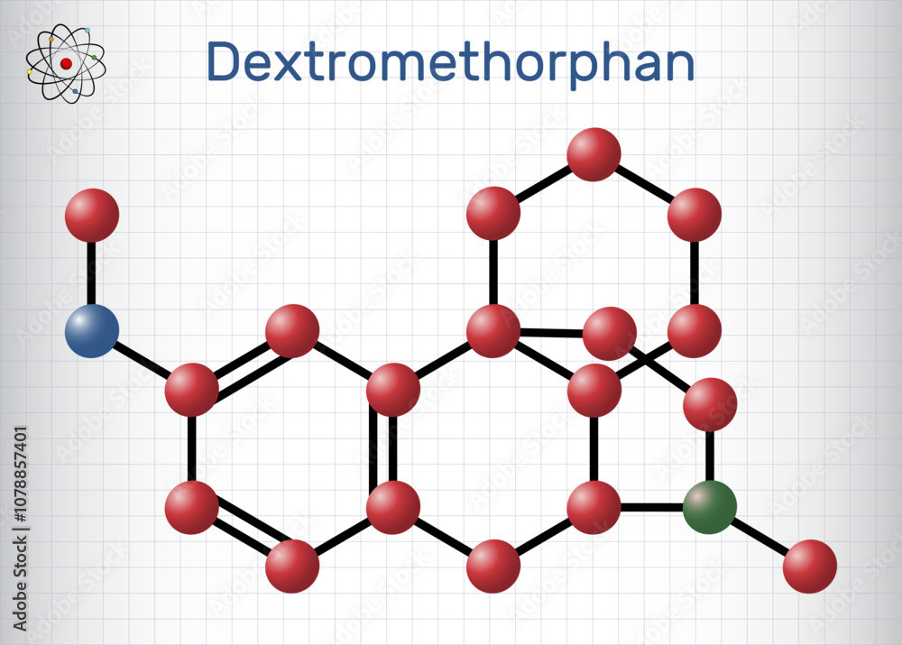 Dextromethorphan (DXM) molecule. Antitussive drug. Molecule model ...
