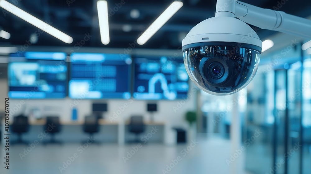 Surveillance camera capturing motion in a modern office lobby, large ...
