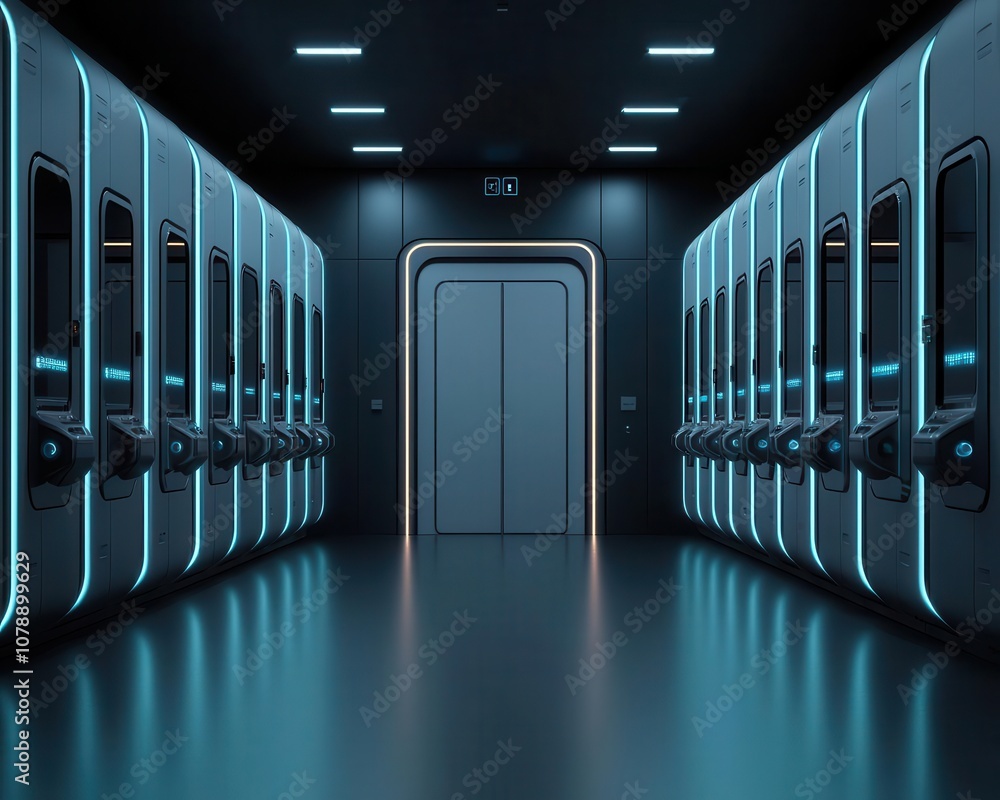 Hightech storage facility with modular robot pods sorting items ...