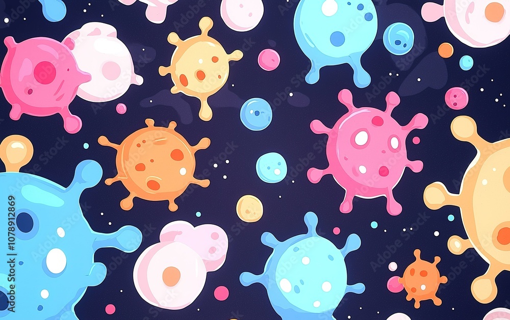 Colorful animated microbes floating in a vibrant cosmic background with ...