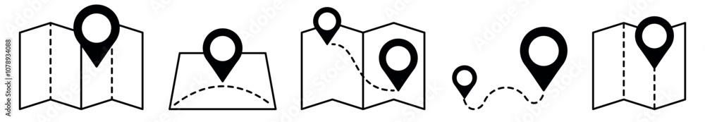 Map and location symbols set. Geolocation map distance path. Location ...