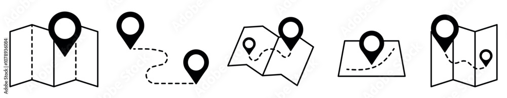 Map and location symbols set. Geolocation map distance path. Location icon. Location pin place ...
