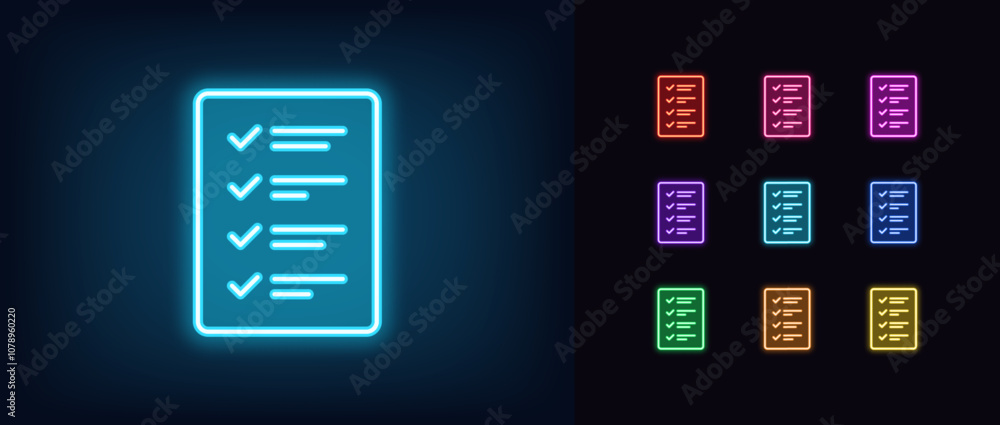 Outline neon checklist icon set. Glowing neon to do list with ticks ...