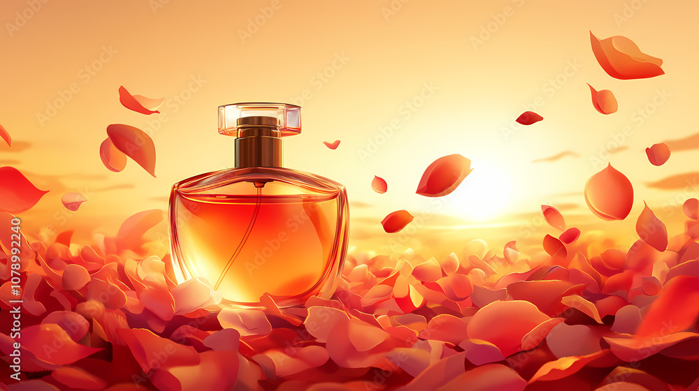 Elegant perfume bottle amidst scattered petals captured in radiant ...