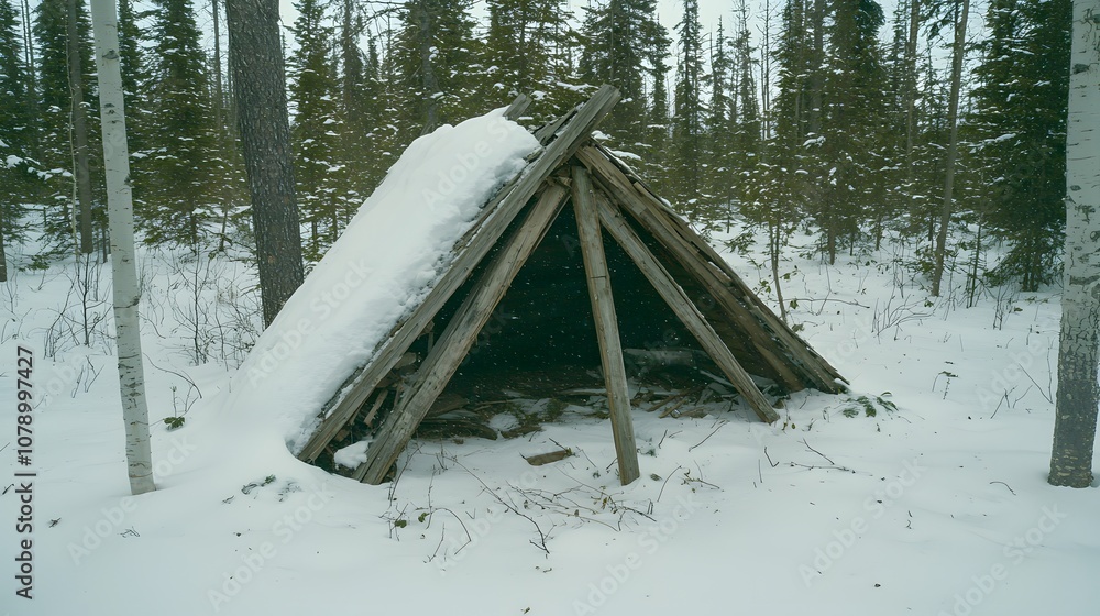 Snow-Covered Ruins: The remnants of an old cabin, its collapsed roof buried under snow. Nature ...