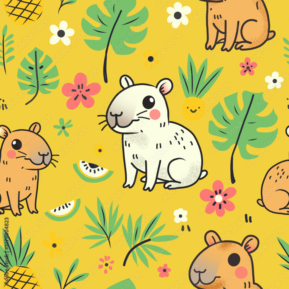 Seamless pattern with cartoon cute capybara animal, palm, monstera ...