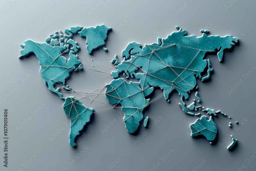 Watercolor of a global network map with lines connecting continents ...