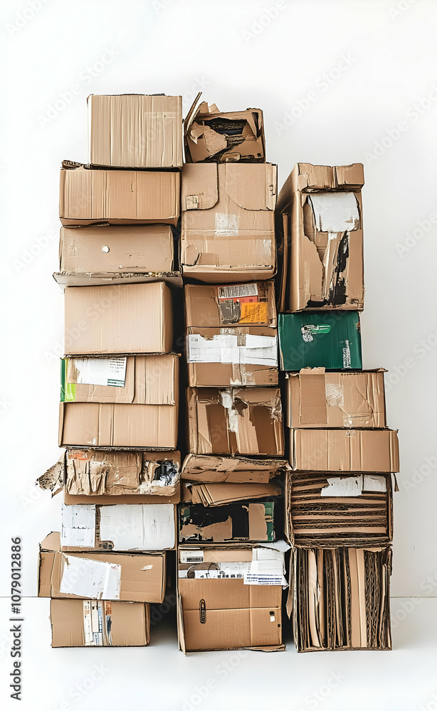 Stack of cardboard boxes in various states of wear and tear, some with ...