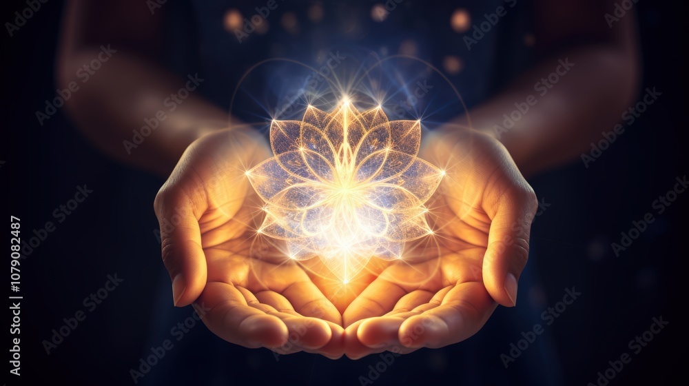 Ethereal healing hands emanating sacred geometry light patterns ...