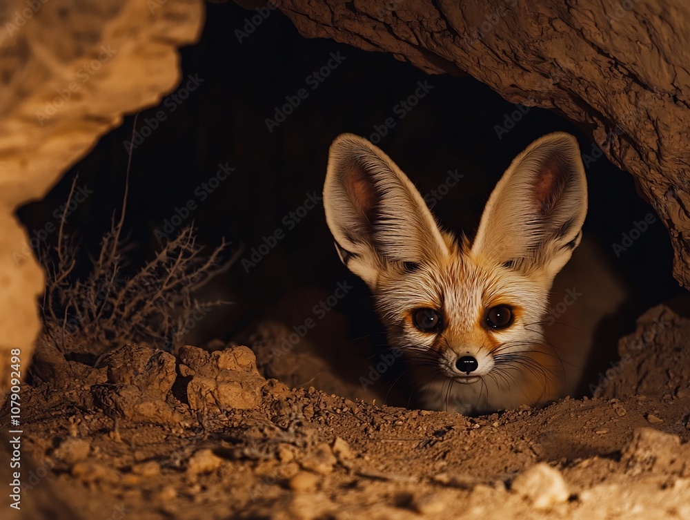Vigilant Fennec Fox Peeking from Burrow in Arid Desert Landscape at ...