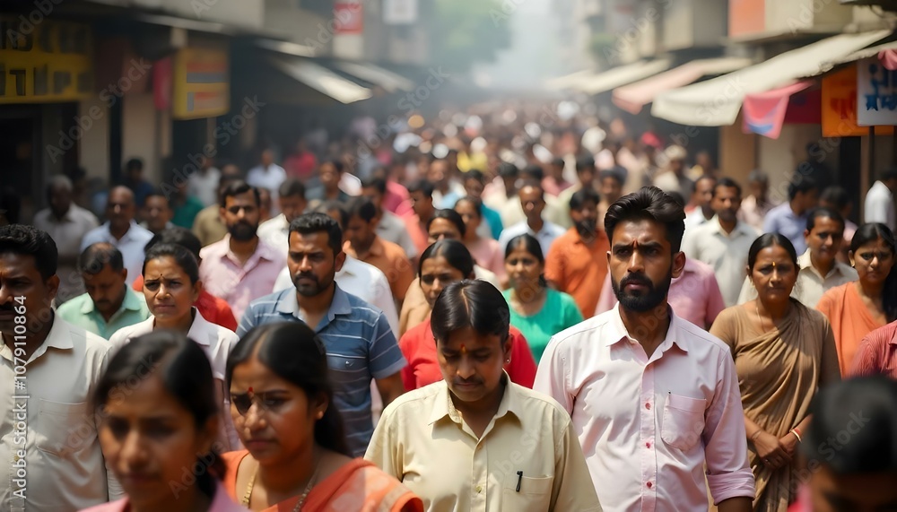 Crowd of blurred Indian men and women walking on a busy India city ...