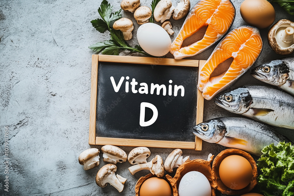 Vitamin D Rich Foods: Salmon, Tuna, Sardines, Mackerel, Mushrooms, and Eggs with Text Space ...