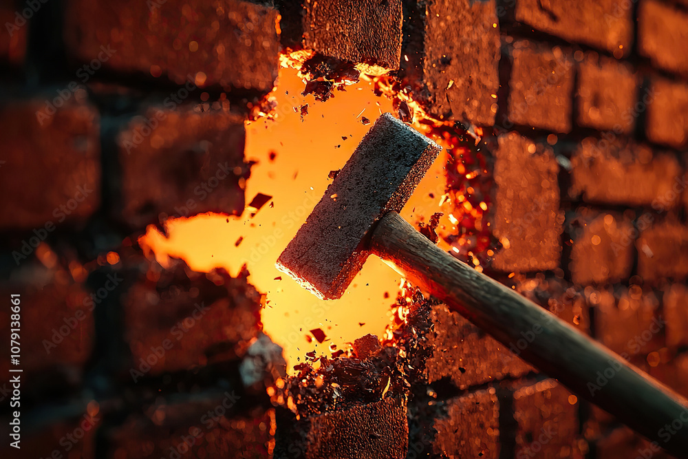 Demolition hammer breaking through brick wall, revealing glowing light ...