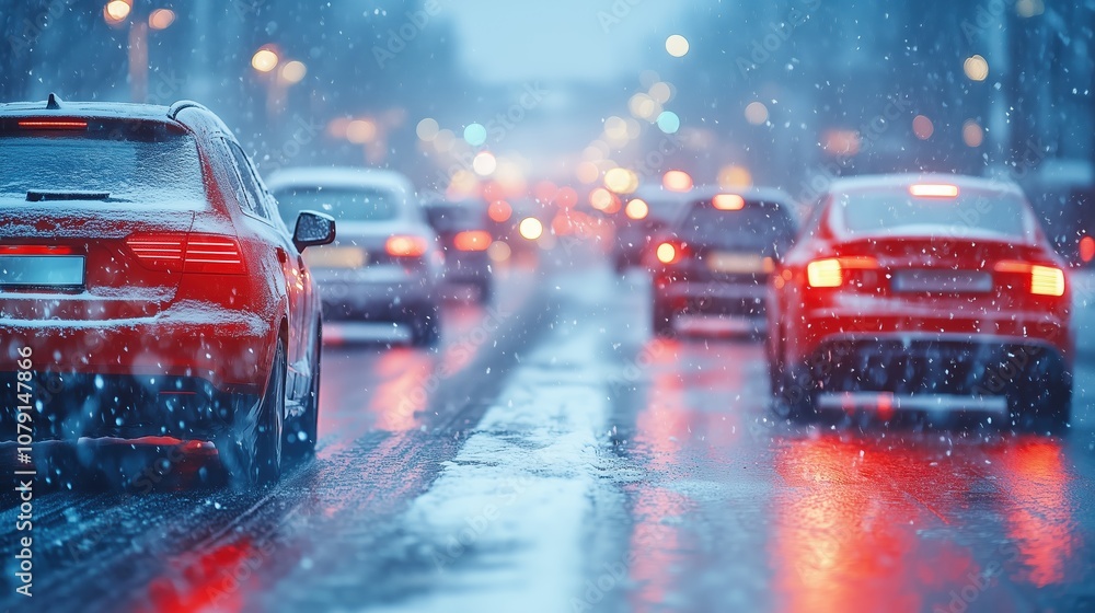 Busy street with cars driving in the rain. The cars are all wet and the ...