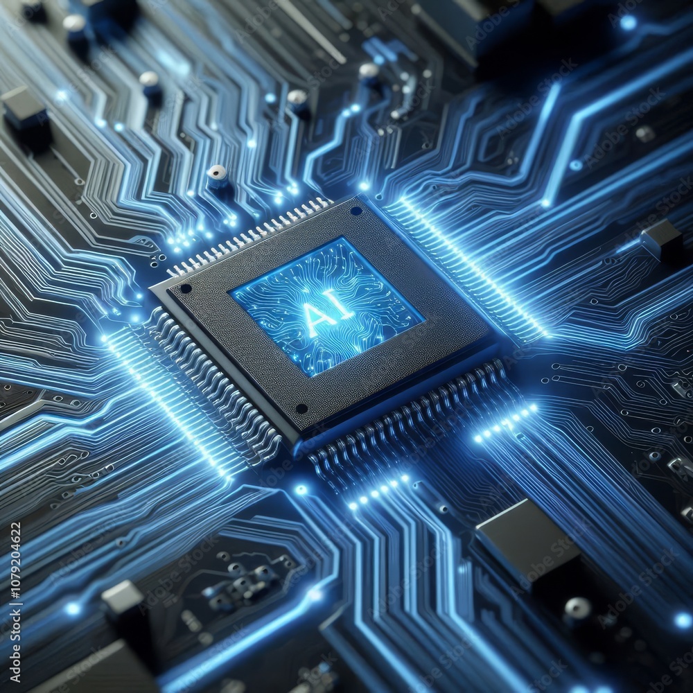 Glowing light blue neon AI chip with thin circuit contact lines. AI ...