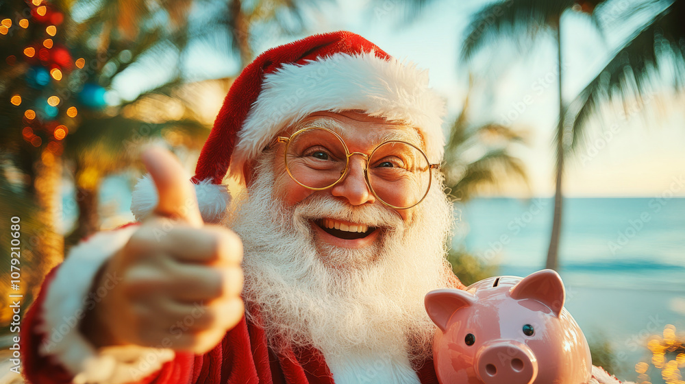 Santa in a red suit and glasses gives a thumbs up, holding a pink piggy ...