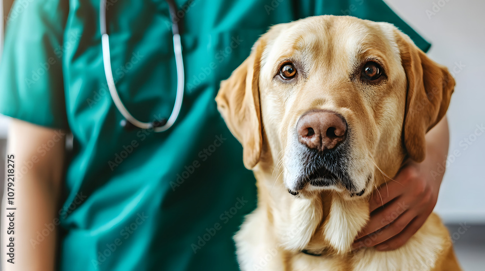 Dog calmly lying on veterinary examination table, trusting environment ...